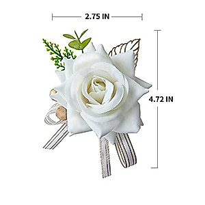 BASIMAN Boutonniere for Men Wedding White Rose Corsage Wristlet Band Bracelet for Women Bride Bridesmaid Wrist Corsage (2Pcs White Rose Set)
