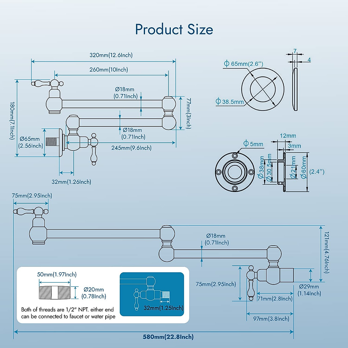 Cinwiny Polished Chrome Pot Filler Faucet Wall Mount Classical Folding Stretchable Stainless Steel Kitchen Restaurant Sink Faucet with Double Joint Swing Arm 1 Hole 2 Handle Commercial