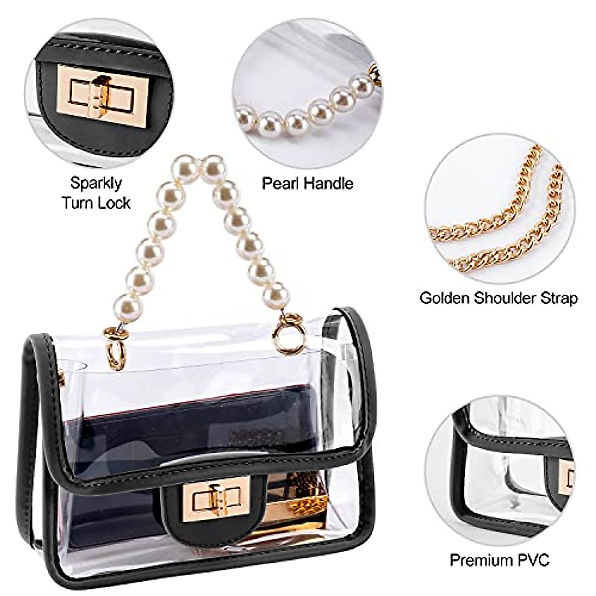 YING YUMEI Clear Purse for Women, Fashion Crossbody Clutch Handbag Cute, Small See Through Bag (Black)