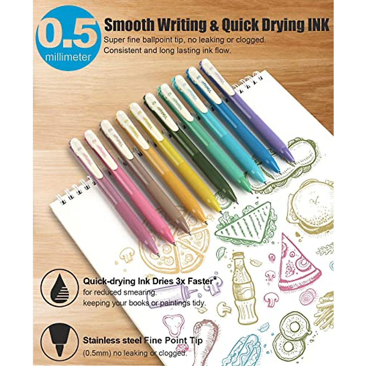 STAPENS 10 Colored Retractable Gel Pens, 0.5 mm Medium Point Pens with Quick Dry Ink, Ballpoint Gel Pens for Journaling Writing Drawing Doodling and Notetaking