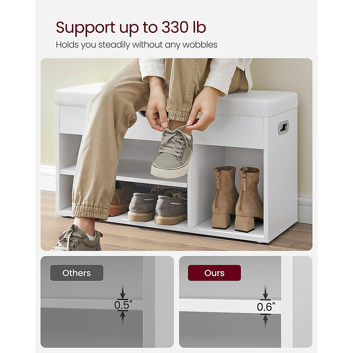 VASAGLE Storage Bench with Cushion, Shoe Bench with Padded Seat, 3 Compartments, Hidden Storage, Shelves, Hallway Bedroom, Load Capacity 330 lb, 11.8 x 31.5 x 17.3 Inches, Cloud White