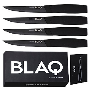 BLAQ Steak Knives Set of 4, German Stainless Steel Serrated Steak Knives with Ergonomic Handles - Dishwasher Safe Steak Knife Set - High Carbon Matte Black Steak Knives with Gift Box