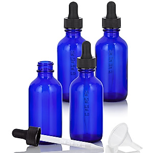 JUVITUS 2 oz / 60 ml Cobalt Blue Glass Boston Round Graduated Measurement Glass Dropper Bottle (4 pack) + Funnel