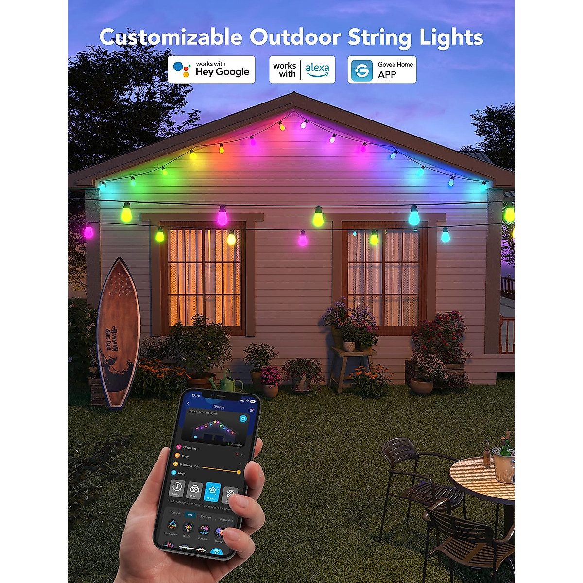 Govee Smart Outdoor String Lights H7020, RGBIC Warm White 48ft LED Bulbs for Outdoor, WiFi Patio Lights Work with Alexa, Google Assistant, APP Control, IP65 Waterproof