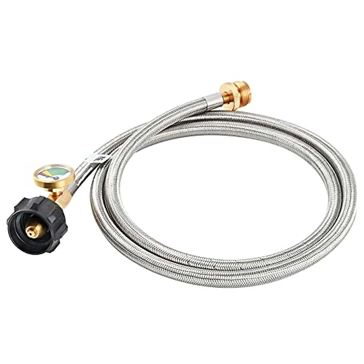 JEASOM 5 FT Propane Adapter Hose with Gauge - 1Lb to 20Lb Propane Conversion for Type1 LP Tank/QCC1,Bulk Portable Appliance and Gas Grill (Stainless Steel Braided Hose)