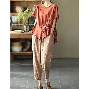 Kangqifen Summer Linen Cotton Casual Crop Pants with Drawstring Elastic Waist Pockets for Women Teen Girl(Khaki,00-0)