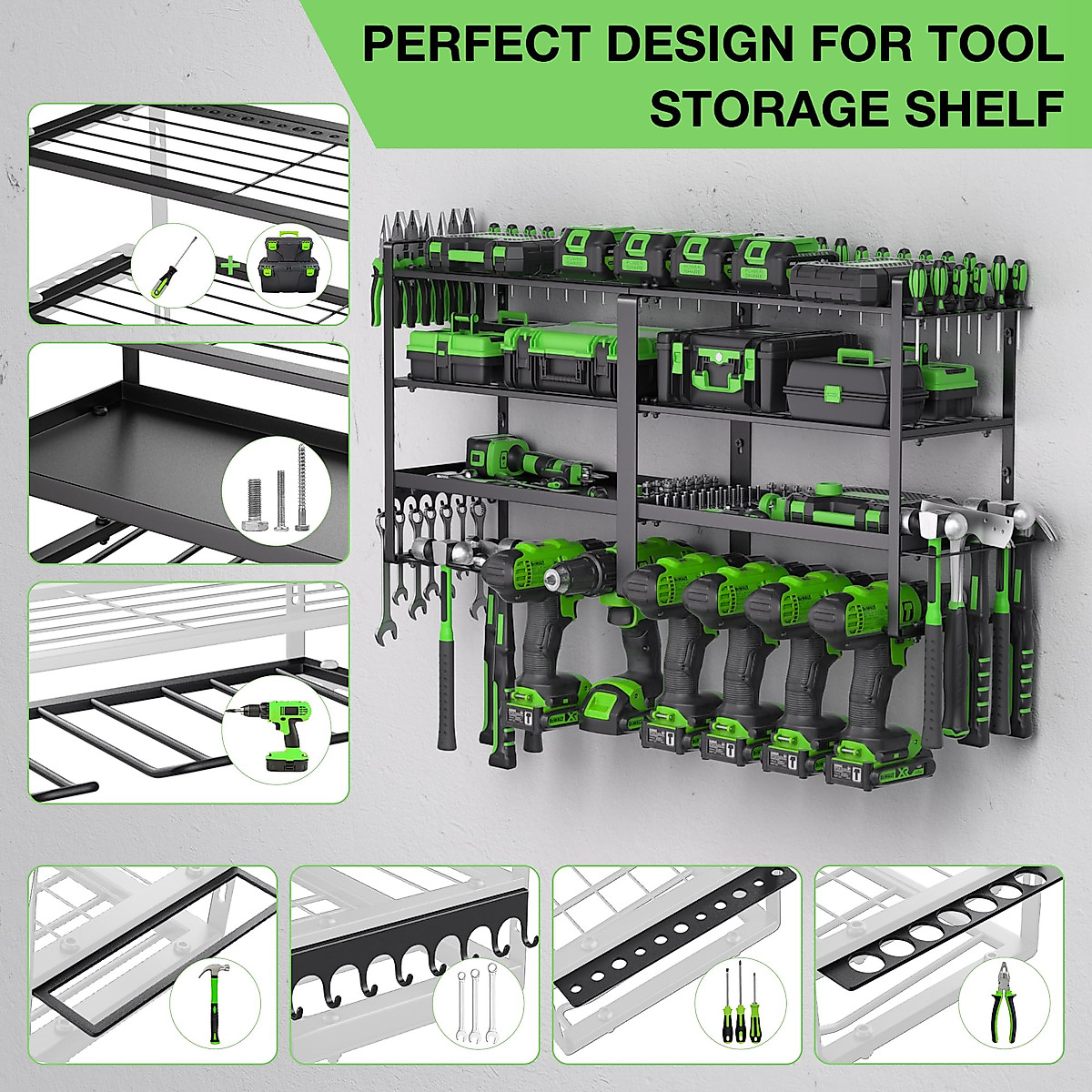 Sixfivsevn Power Tool Organizer, 8 Drill Holder Wall Mount, 4 Layers Garage Tool Organizers and Storage Rack, Heavy Duty Metal Tool Shelf with Hooks/Screwdriver Holder/Plier Holder/Hammer Holder