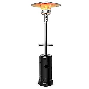 COSTWAY Patio Heater, 48000 BTU Propane Heater with Drink Shelf Tabletop, Simple Ignition System, Base Reservoir and Wheels, Standing Outdoor Space Heater for Patio, Garden and Backyard (Black)