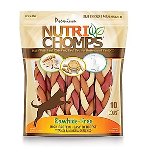 NutriChomps Dog Chews, 6-inch Braids, Easy to Digest, Rawhide-Free Dog Treats, Healthy, 10 Count, Real Chicken, Peanut Butter and Milk flavors