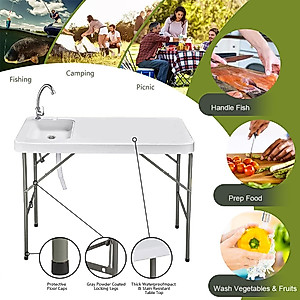 PMSW FCT01 Fishing Cleaning Table with Sink, Portable Folding Camping Sink Table Fish Fillet Table with Sink Faucet for Picnic Camping Gardening Kitchen, White