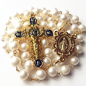 elegantmedical HANDMADE (AAA 10MM) Real Pearl BEADS CATHOLIC GOLD ROSARY CROSS GIFT NECKLACE Supper BOX