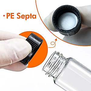 PEKYBIO Clear Glass Sample Vial, Liquid Sampling Sample Glass Bottle, 10ml(0.3OZ) Capacity, Sample Vial 22mm.I.D.* 52mm, 18-400 Thread Black Closed Top Screw Cap,PE Liner, Pack of 100
