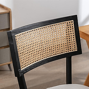 Guyou Black Rattan Dining Chairs Set of 4, Linen Upholstered Farmhouse Dining Chairs with Cane Back, Wood Kitchen Dining Chairs with Removable Cushion, Armless Cane Dining Chair for Dinner Living Room