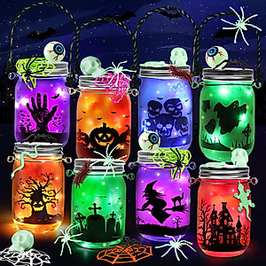 Halloween Crafts for Kids, 8 PCS Halloween Mason Jar with Accessories for DIY Craft, Halloween Art Party Favor Supplies, Halloween Decoration Trick or Treating, Classroom Halloween Art Activities
