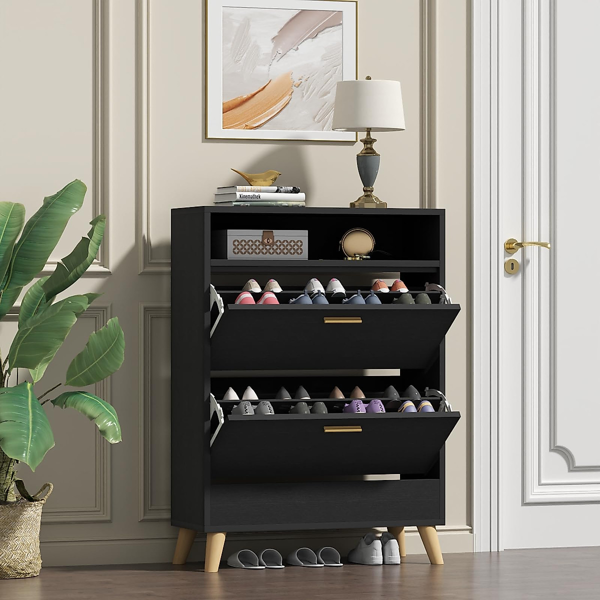 Shoe Storage Cabinet for Entryway, Free Standing Shoe Organizer with 2 Flip Drawers, Slim Narrow Hidden Shoe Rack Cabinet with Open Shelf, Shoe Cabinet for Hallway, Living Room (Black)
