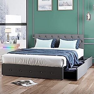 Mjkone Cal-K Size Bed Frame, Upholstered Platform Bed Frame with 4 Built-in Storage Drawers & Adjustable Headboard, Button Tufted Design, No Box Spring Needed- Dark Grey