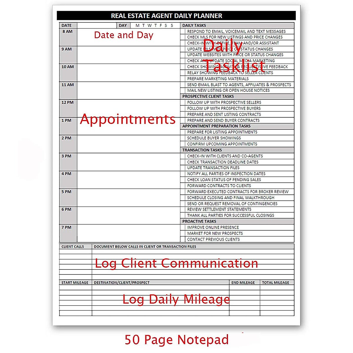 Real Estate Agent Supplies - Daily Planner Task List Notepad. Simple one page document with calendar, task lists, call and mileage log. Keep organized & focused on selling real estate. 8.5 X 11