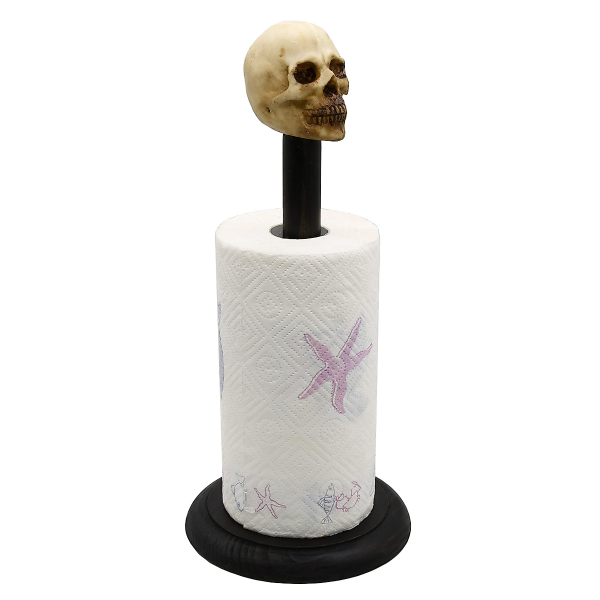 Rustic Wood Skull Paper Towel Holder Stand Up Paper Towel Holder, Easy One-Handed Tear Kitchen Paper Towel Dispenser with Weighted Base for Standard Paper Towel Rolls ,Rustic Black