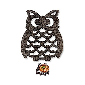 Cast Iron Owl Trivet - Decorative Trivet for Kitchen Counter or Dining Table - Vintage, Old-Fashioned, Farmhouse, Rustic, Artisan Design - 7.75X6 - with Rubber Pegs/Feet - Recycled Metal - Rust Brown