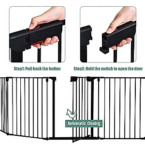 Costzon Baby Safety Gate, 121 Inch Length 5 Panel Adjustable Wide Fireplace Fence, BBQ Metal Fire Screen Gate, Pet Isolation Fence with Walk-Through Door, Freestanding Pets Gate (Black, 5-Panel)