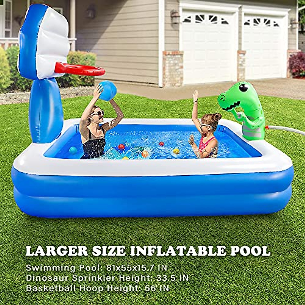 Inflatable Pool, Kiddie Pool with Basketball Hoop and Dinosaur Sprinkler, Swimming Pool for Kids Boys Girls Age 3+ Year Old, Kid Pool for Backyard Water Party