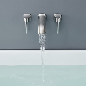 Qinkell Wall Mount Tub Filler Roman Tub Faucet High Flow Long Spout Reach Brushed Nickel Bathtub Faucets with 2 Handles