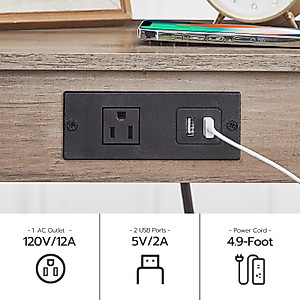 HOOBRO Side Table with Charging Station, End Table with USB Ports and Outlet, Nightstand with Storage Shelf, Faux Rattan Decoration, for Living Room, Bedroom, Greige and Black BG91UBZ01