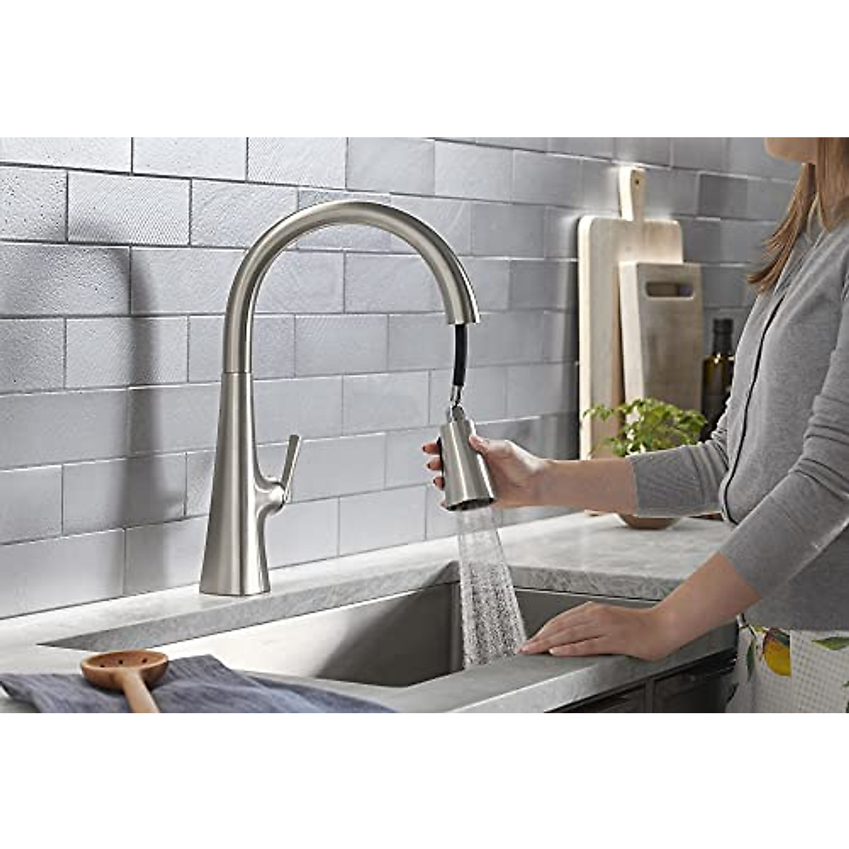 KOHLER 22062-VS Graze Pull-Down Kitchen Sink Faucet with Three-Function Sprayhead, Kitchen Faucet with Sprayer, Vibrant Stainless