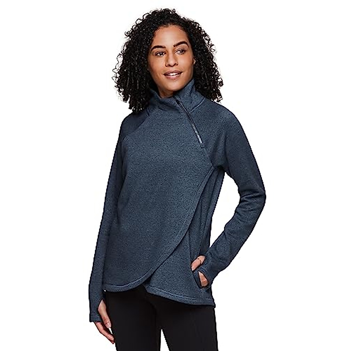 RBX Active Women's Quarter Zip Mock Neck Long Sleeve Fleece Pullover Sweatshirt With Pockets Blue F21 M
