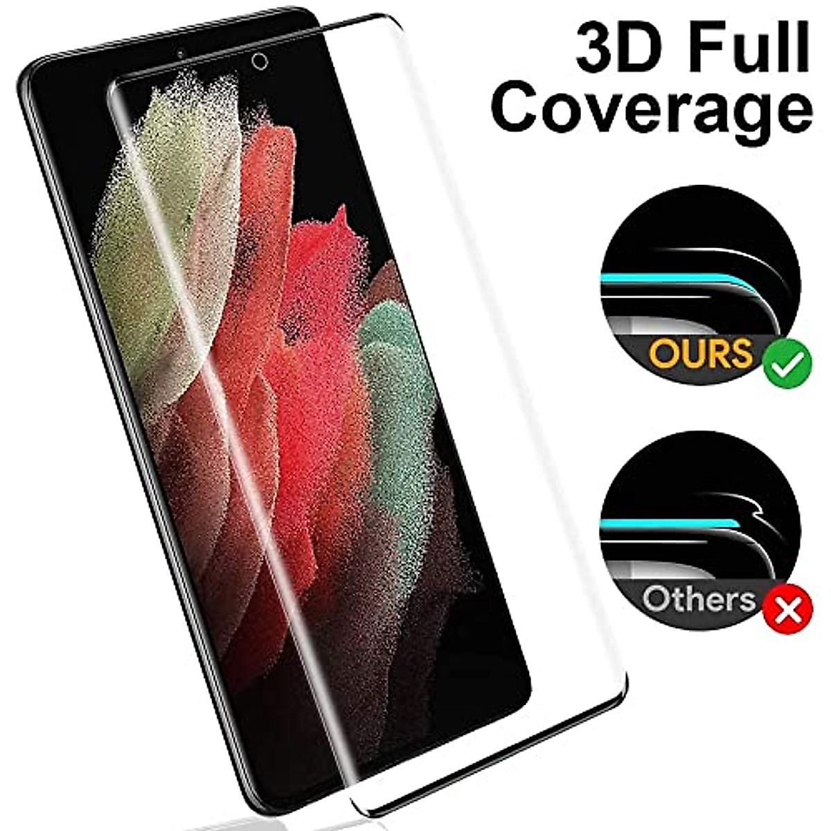 [2+1 Pack] Galaxy S21 Ultra Screen Protector 5G 6.8", Compatible Fingerprint, 9H Hardness, Full Coverage 3D Curved Tempered Glass Screen Protector for Samsung Galaxy S21 Ultra