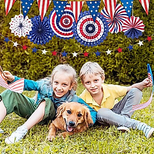 Fourth of July Decorations Red White Blue Decorations Set of Paper Fans, USA Flag Pennant Bunting, Pom Poms, Hanging Swirls, Star Streamer, Head Bopper for Memorial Day Veterans Decor