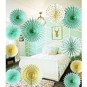 Mint Gold Birthday Decorations Mint Cream Gold Polka Dot Paper Fans for Trial Baby Shower Decorations Mint Gold Wedding/Mint First Birthday Decorations Mint Gold Bridal Shower Decorations