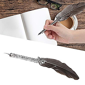 Quill Pen with Carving,Vintage Feather Calligraphy Pen Ink Set with 5 Pen Tip Replacement,Ink Bottle,Handcrafted Feather Pen Gift Box(Grey)