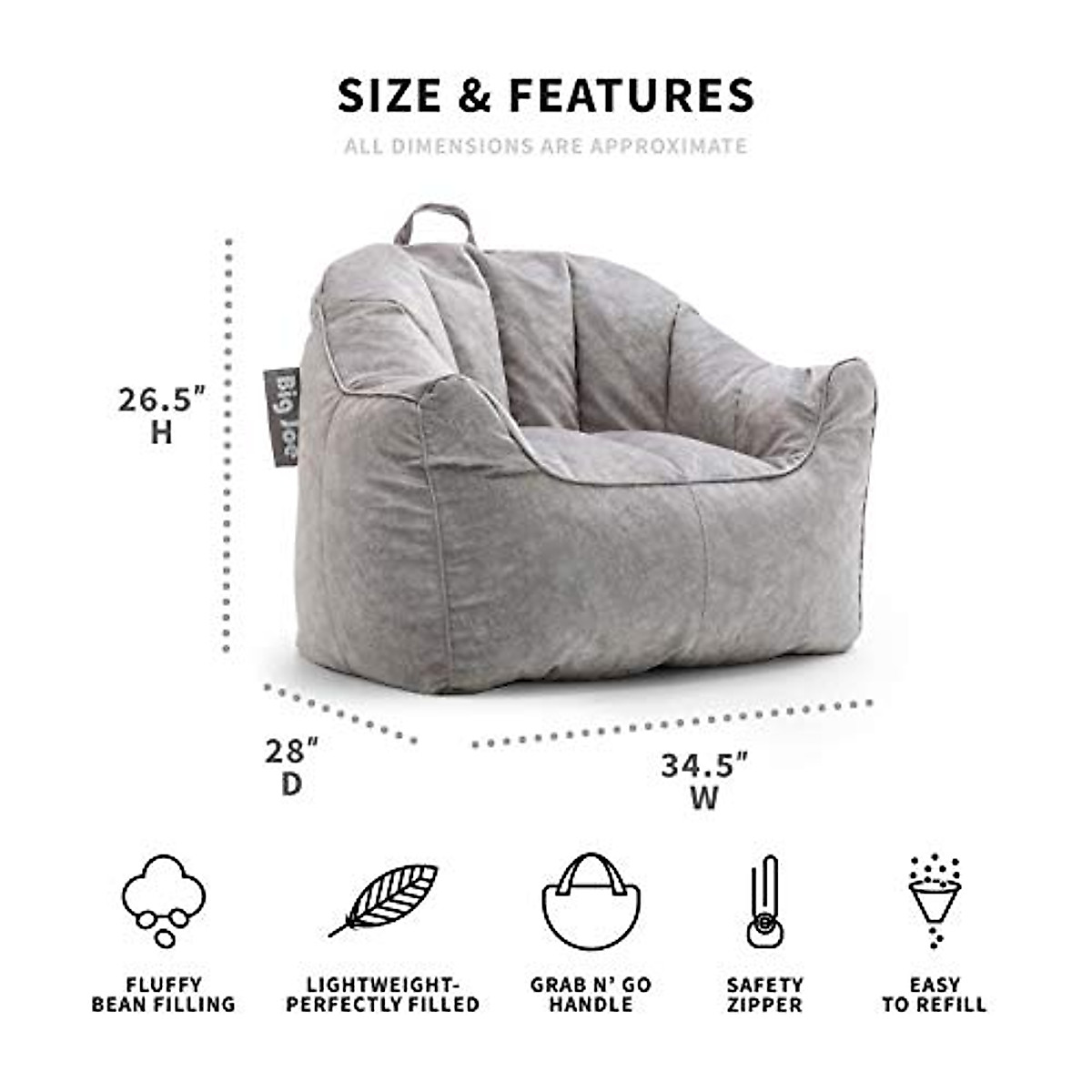 Big Joe Hug Bean Bag Chair, Gray Hyde, Faux Polyester Blend, 3 feet