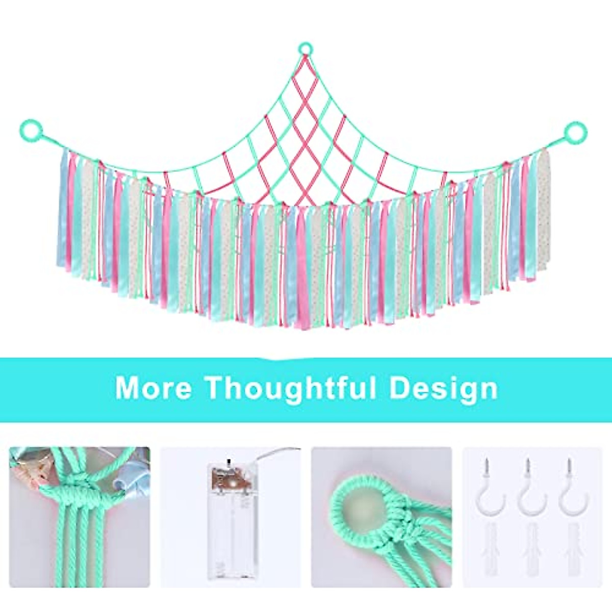 DVUBMO Stuffed Animal Net or Hammock with LED Light, Hanging Corner Net for Stuffed Animals Storage, Stuffed Animal Hammock Holder with Tassels for Nursery Play Room Kids Bedroom (Green+Pink)