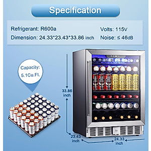 Antarctic Star 5.1 Cu.Ft Beverage Refrigerator,166 Can Wine Cooler,Low Noise,Transparent Glass Door, Efficient Cooling System with Safety Lock, for Home, Bar, Office, 24 Inch, Stainless Steel Silver