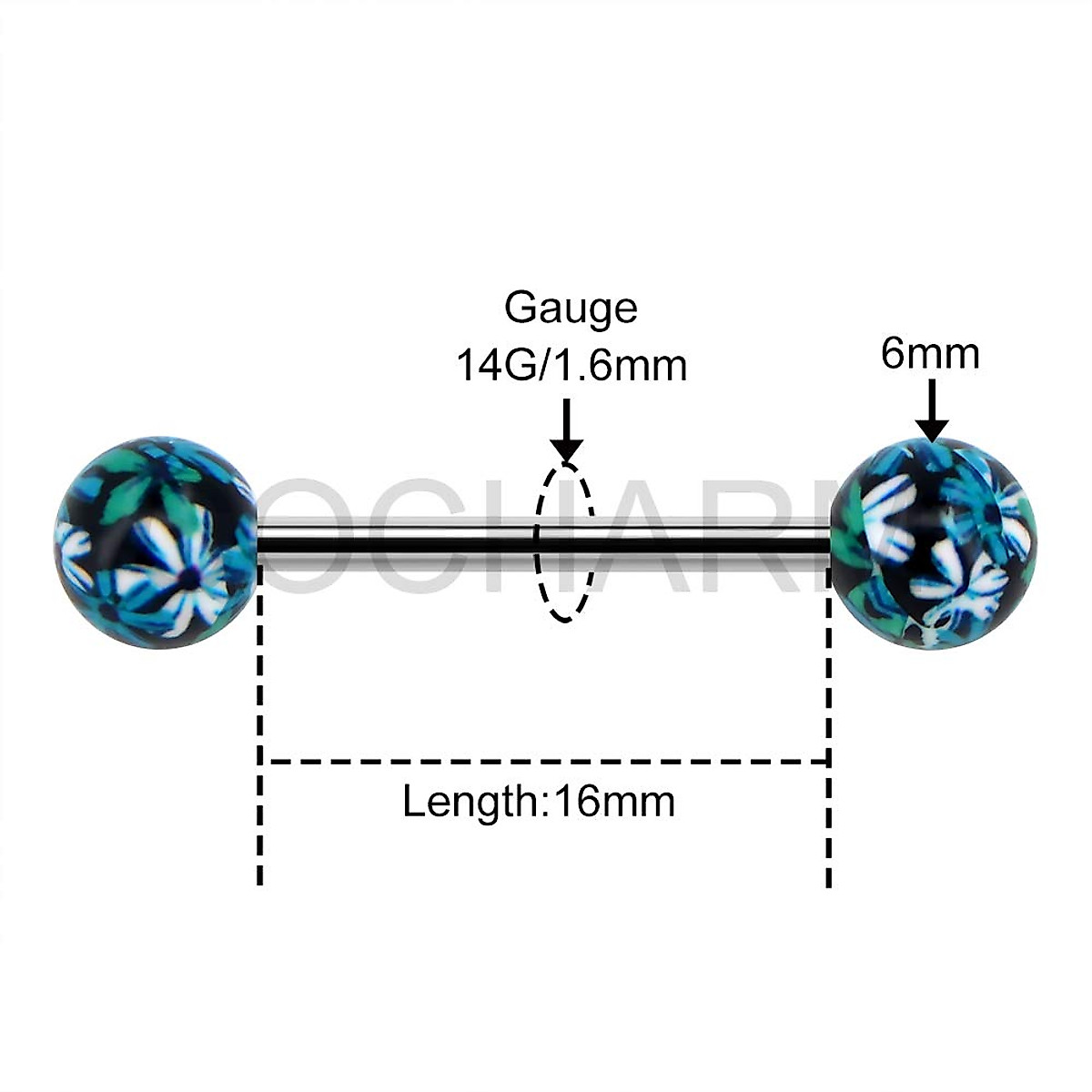 COCHARM Black Green Flower Tongue Rings 14g Unique Floral Tongue Barbells Pearl Tongue Bar Tongue Piercing Jewelry Hypoallergenic