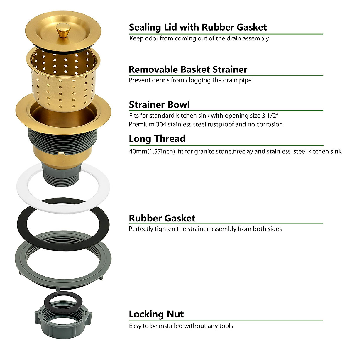 Zeesink Gold Kitchen Sink Drain,Gold Sink Strainer,Kitchen Sink Drain Assembly,Kitchen Sink Drain Strainer with Removable Deep Waste Basket,Fit for Kitchen Sink Opening Size 3 1/2"