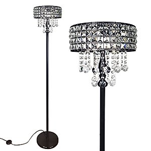 beaysyty Modern K9 Clear Glass Crystals Floor Lamp with 3 LED Bulbs, Crystal & Glass 3-Lights Black Standing Light, Reading Corner Lamp for Living Room Bedroom