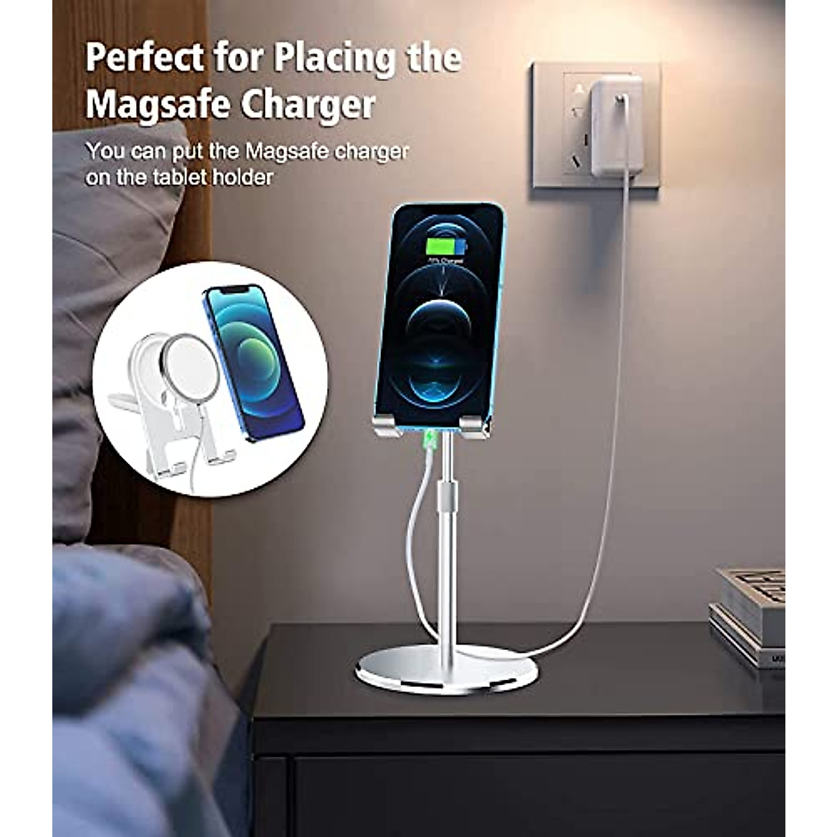 KU XIU Tablet Stand Holder, Phone Stand for MagSafe Charger, Headphone Stand 3 in 1 Adjustable Aluminum Stand for iPhone 13 12, iPad, Tablet, Kindle, Switch, AirPods, Sony, Bose(No Included Magsafe)