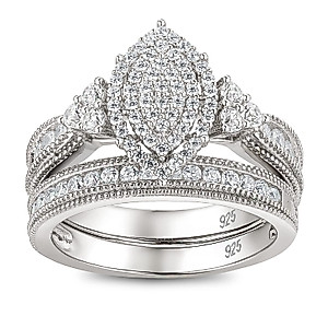 SHELOVES Marquise Shape Vintage Engagement Wedding Rings Set White Round CZ 925 Sterling Silver Sz 8