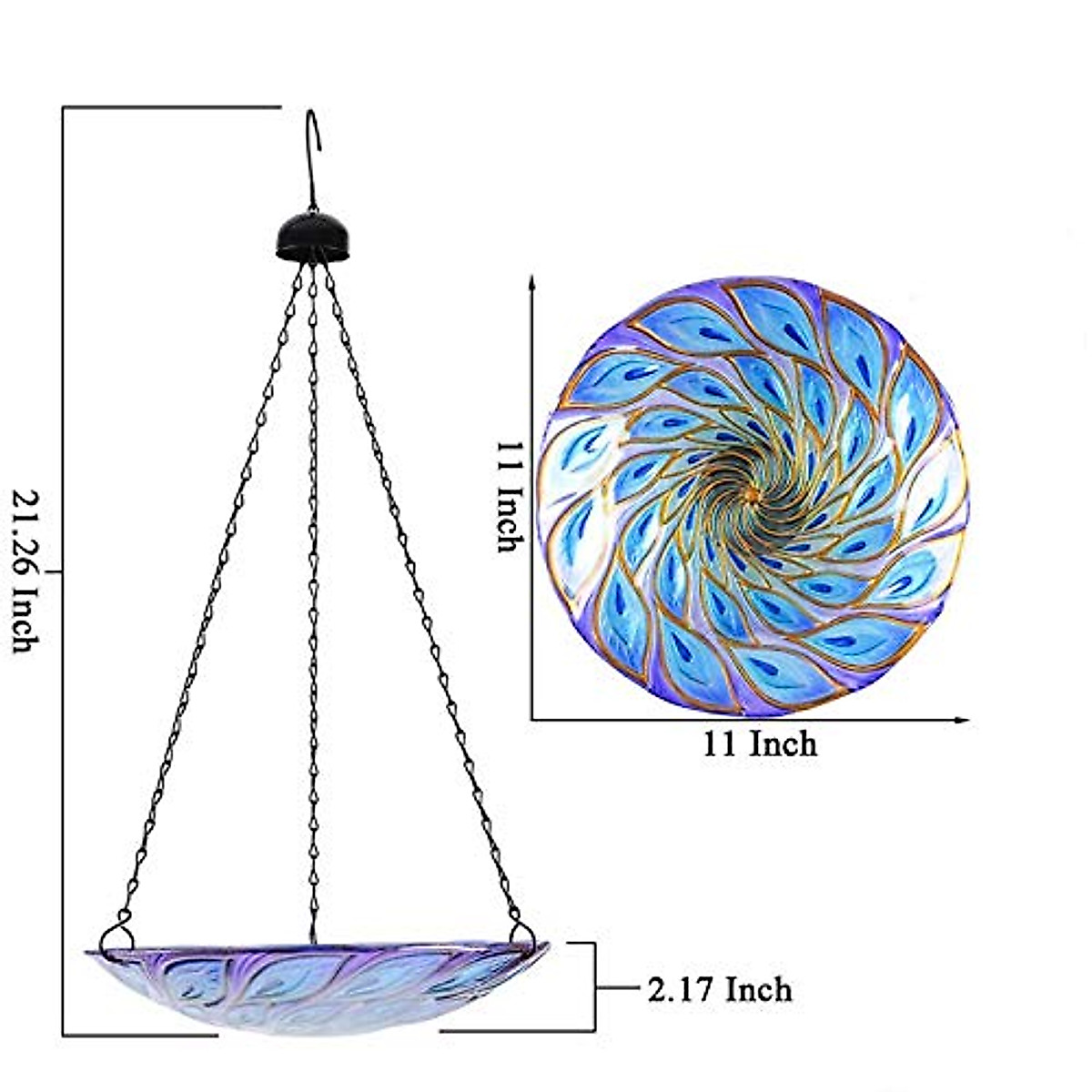 VCUTEKA Hanging Bird Baths Outdoor Glass Peacock Birdbath Birdfeeder for Garden Yard Decoration