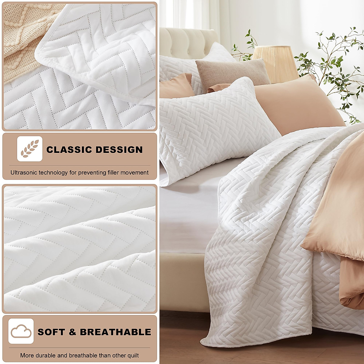 GRT White Quilt Set King Size with Pillow Shams - Lightweight Quilt Reversible Modern Style Bedspread Coverlet Set Rectangle Pattern - Soft Microfiber Quilt Bedding Set for All Season