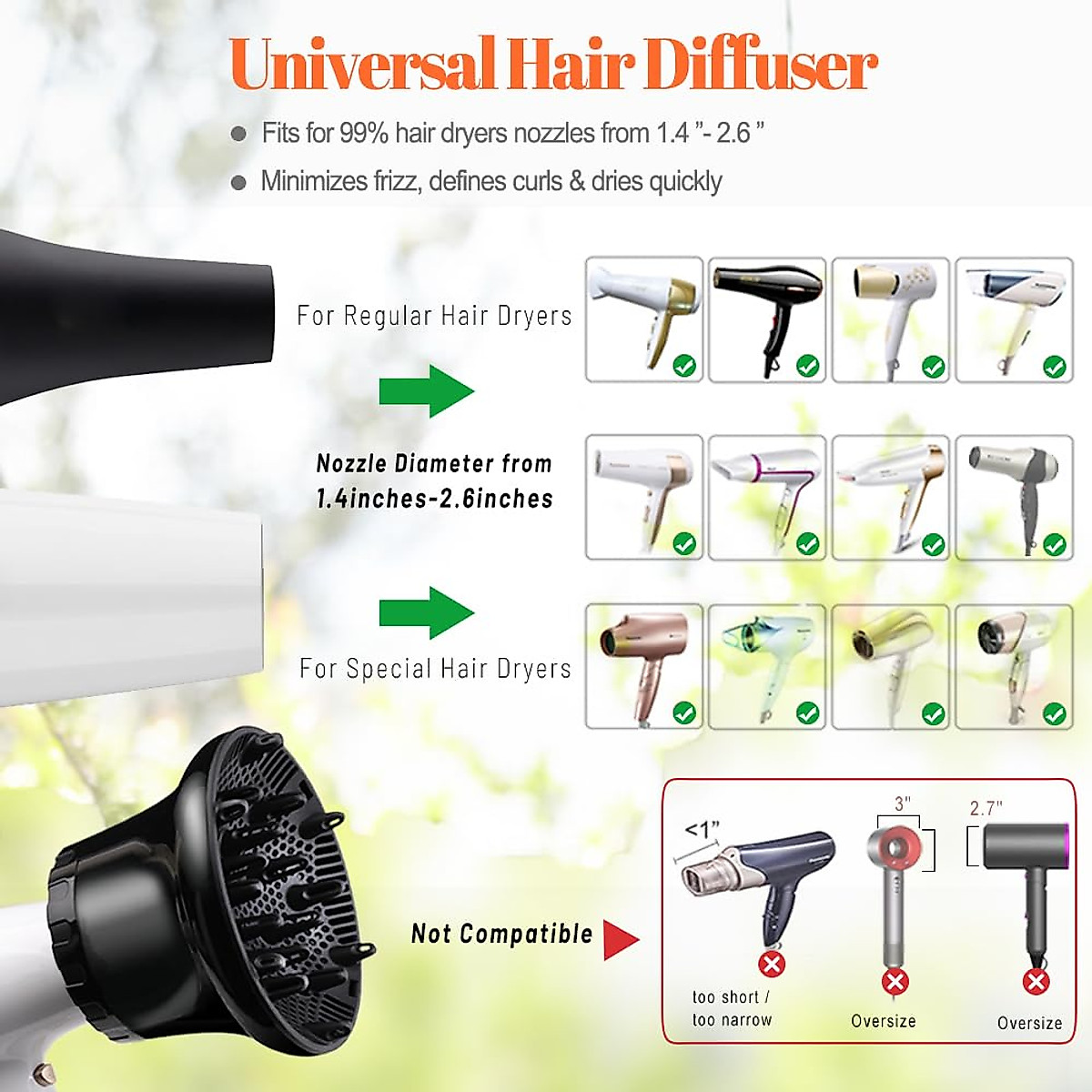 Universal Hair Diffuser, Hair Dryer Diffuser Attachment for Curly and Natural Wavy Hair, Professional Blow Dryer Diffuser, Adjustable from 1.4 Inch to 2.6 Inch