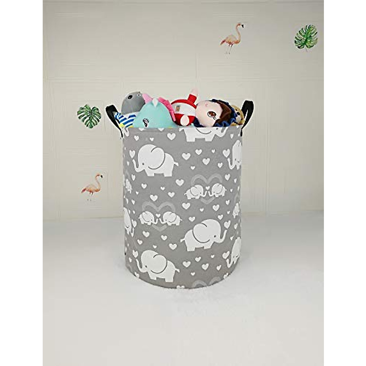 DUYIY 19.7 Inch Round Big Size Canvas Storage Basket with Handle Large Organizer Bins for Dirty Laundry Hamper Baby Toys Nursery Kids Clothes Gift Basket (heart elephant)