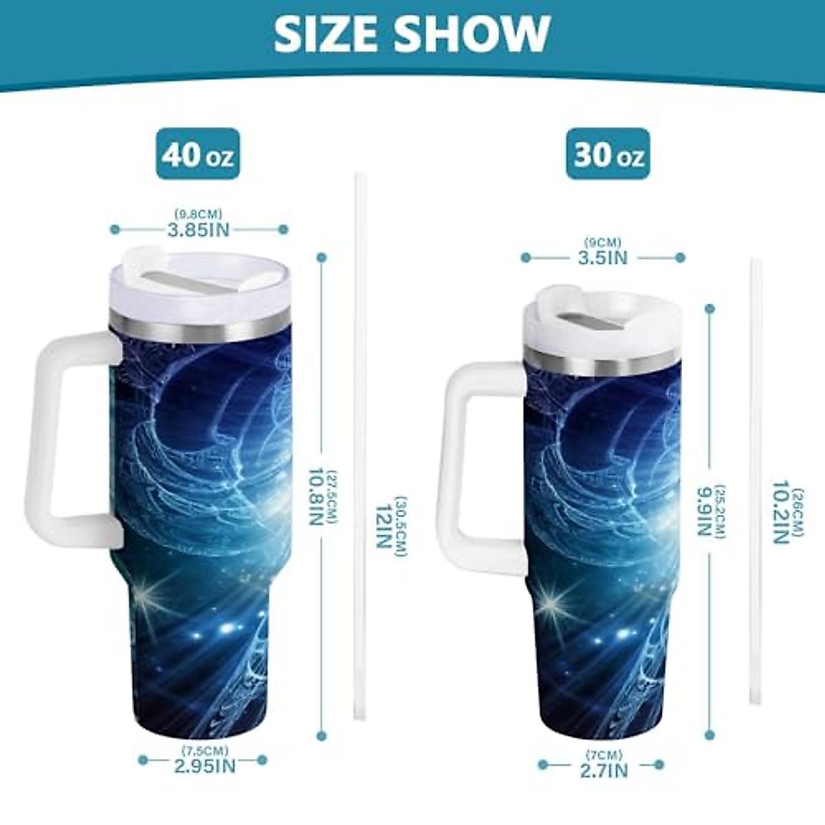 RPLIFE Galactic Bloom Blue 40 Oz Tumbler with Handle and Straw, Stainless Steel Tumbler, Insulated Coffee Mug with Lid