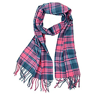 Plum Feathers Plaid Check and Solid Cashmere Feel Winter Scarf, Warm Scarfs, Cold Weather Accessories, Fringe Scarves (Pink Grey Plaid)
