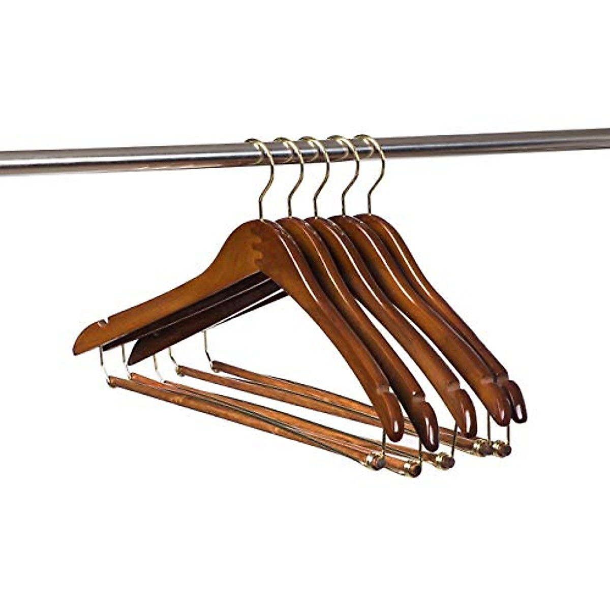 10 Quality Hangers Curved Wooden Hangers Beautiful Sturdy Suit Coat Hangers with Locking Bar Gold Hooks Walnut Finish (10)