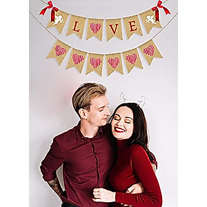 JOZON Love Burlap Banner and Pink Plaid Heart Burlap Banner Valentine's Day Bunting Banner Garland with Cupid Signs and Bows Valentines Day Party Decorations for Wedding Anniversary Mother‘s Day