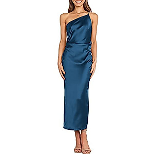 ANRABESS Women Summer Satin One Shoulder Bodycon Maxi Dress Sleeveless Split Evening Night Party Cocktail Formal Dresses Elegant Wedding Guest Graduation Prom Dresses 902shenlan-M Deep Blue